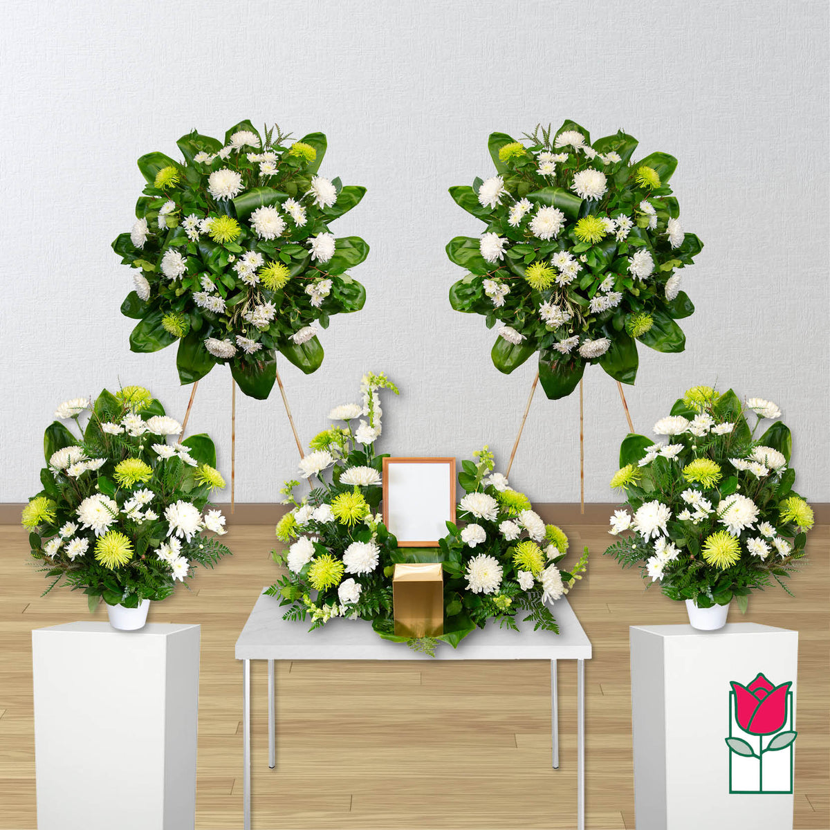 Green & White Urn Spray – Aloha Sympathy Flowers By Beretania Florist